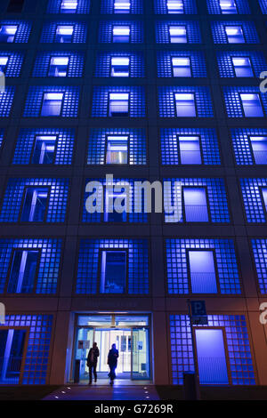 Illuminated city library at night, architect Eun Young Yi, Stuttgart ...