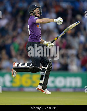 Yorkshire Vikings' Richard Pyrah (2 L) celebrates after he takes the ...