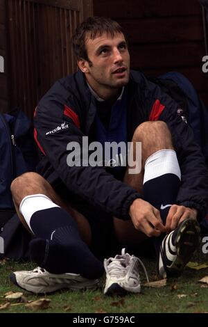 England rugby player Danny Grewcock puts on a skull cap during training ...