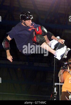 USA's legendary skateboarder Tony Hawk in mid-air action during the ...
