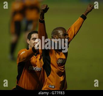 George Ndah celebrates scoring Wolves' third and winning goal against ...