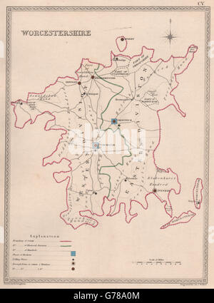 Worcestershire antique county map by J & C Walker. Railways & boroughs ...