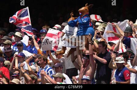 FOR EDITORIAL USE ONLY. NO COMMERCIAL USE : The Barmy Army unfurl a ...