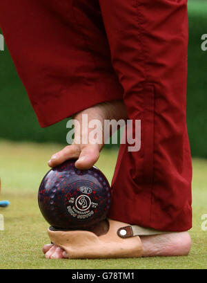 English bowler Bob Love practices at the Kelningrove Lawn Bowls Centre ...