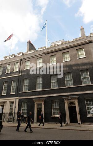 The Saltire flag is flown over 10 Downing Street in central London, the ...