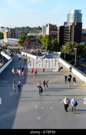 Crowds walking up Wembley Way after leaving Wembley Stadium. England ...