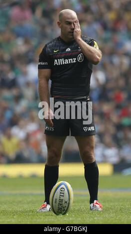 Saracens' Charlie Hodgson with the Aviva Premiership trophy after ...
