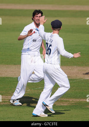 Surrey's Mark Footitt celebrates the wicket of Lancashire's Steven ...