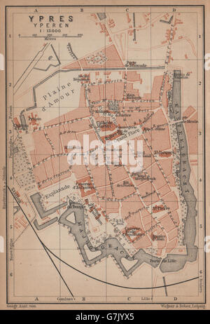 IEPER YPRES antique town city plan. Belgium carte. BAEDEKER, 1910 ...