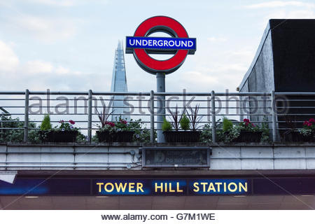 Entrance to Tower Hill Tube Station with TFL roundel and the Shard in ...
