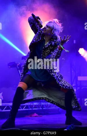 Grimes performing on The Park Stage at the Glastonbury Festival, at ...