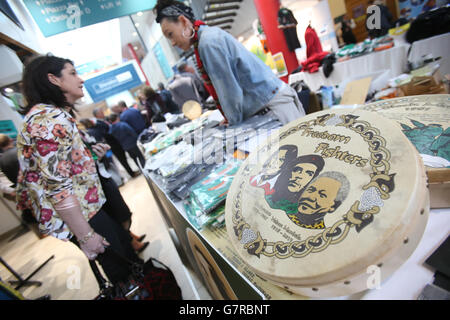 Merchandise for sale at the Sinn Fein Ard Fheis at the Millenium Forum ...