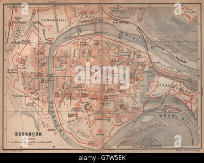 BESANÇON antique town city plan de la ville. Doubs carte. BAEDEKER ...