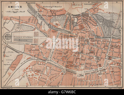 AMIENS antique town city plan de la ville. Somme carte. BAEDEKER, 1910 ...
