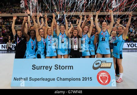 Surrey Storm's player's celebrate their victory with the trophy Stock ...