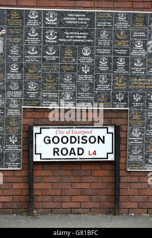 Goodison Road Sign and wall of fame at Goodison Park Stadium. Liverpool ...