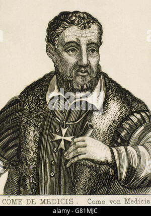 Engraving of Cosimo I de' Medici (1519 – 1574) receiving his friends ...