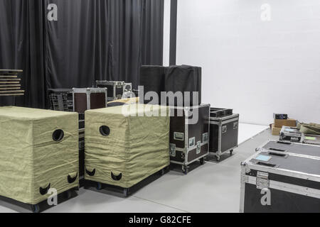Stack of audio equipment boxes in studio Stock Photo - Alamy