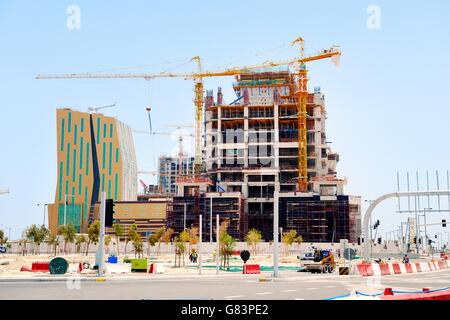 Rapidly developing new city of Lusail, Qatar. The colourful Twin Towers ...