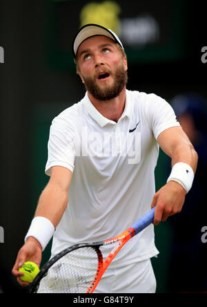 Liam Broady in action against Marco Cecchinato on day one of Wimbledon ...