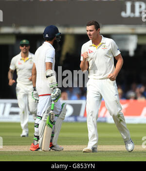 Josh Hazlewood of Australia celebrates taking the wicket of Sharjeel ...
