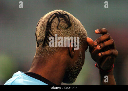 Liverpool's Djibril Cisse shows off his new haircut during training ...