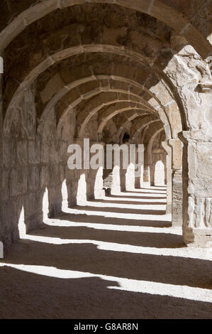 Panorama of semicircular stone seats at Aspendos Amphitheatre with ...