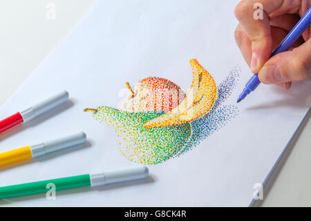 Man's hand drawing a still life using color markers. Pointillism ...