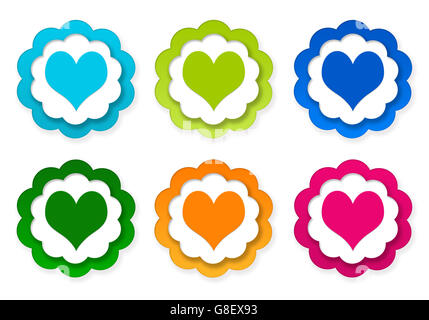 Set of colorful stickers icons with heart symbol in blue, green, yellow ...