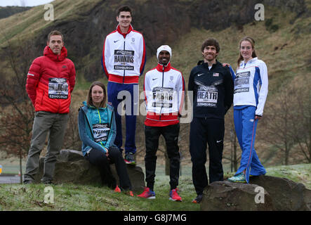 Mo Farah (centre) with fellow competing athletes Steph Twell (left) and ...