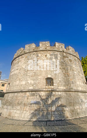 Circular tower of Durres Castle with palm tree shadow, 5th century ...