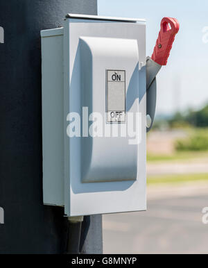 Electric box on a pole with electricity connection by air. Connecting a ...