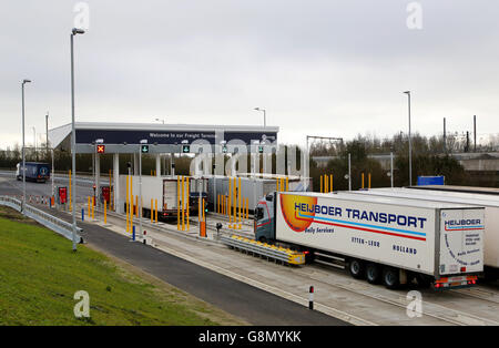 Lorries arrive at Eurotunnel in Folkestone, Kent, during the ...