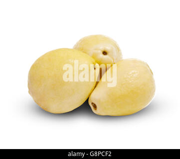 Three ripe guava fruits with green skin and vibrant pink flesh on ...
