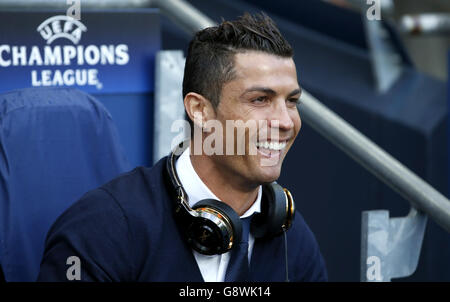 Real Madrid's Cristiano Ronaldo sitting in the dugout prior to the UEFA ...