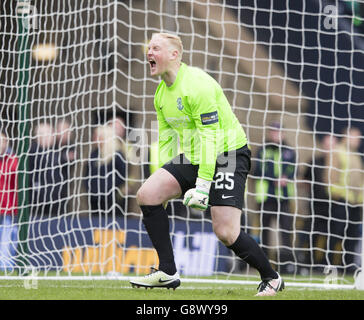 Hibernian goalkeeper Conrad Logan celebrates with team mates at the ...