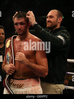 Hughie Fury celebrates victory over Ladislav Kovarik during the ...