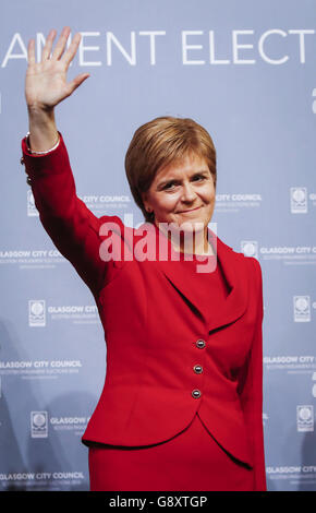 SNP leader Nicola Sturgeon celebrates after retaining her seat at a ...