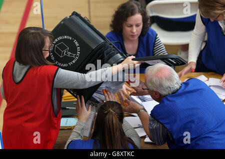 Counting of votes continues at the Foyle Arena in Londonderry in the ...
