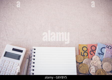 Australian money, AUD with calculator, notebook and small money pouch ...