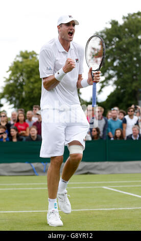 John Isner, of United States, celebrates after defeating Chung Hyeon ...