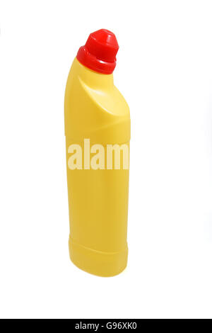 Cleaning chlorine bleach bottle yellow color with red lid isolated ...