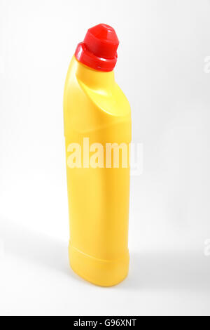 Yellow high density polyethylene plastic bleach bottle studio isolated ...