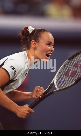 Martina Hingis celebrates her victory over France's Sandrine Testud ...