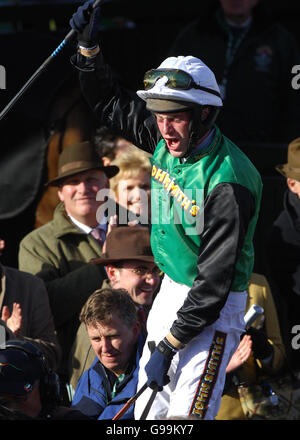 Jockey Niall Madden celebrates with Numbersixvalverde after winning the ...