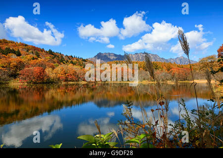 Kagami-ike pond in Nagano Prefecture of Japan. During winter, snow fall covered on the surface ...