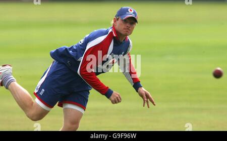 England's Ian Bell practices his fielding during the nets session at ...
