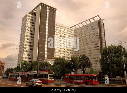 Exterior of Lunar House in Croydon, completed in 1970 by Harry Hyams ...