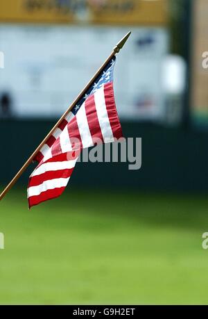 A general view of a Ryder Cup flag at the Marco Simone Golf and Country ...