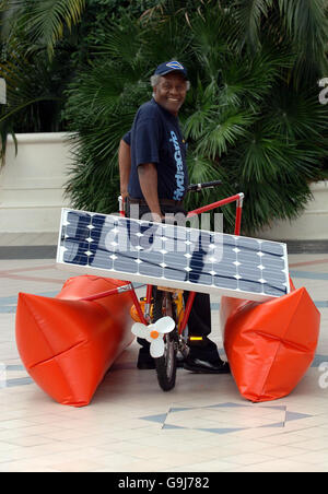 British inventor Melvin Wright from Chigwell, Essex on his Wonderbike ...